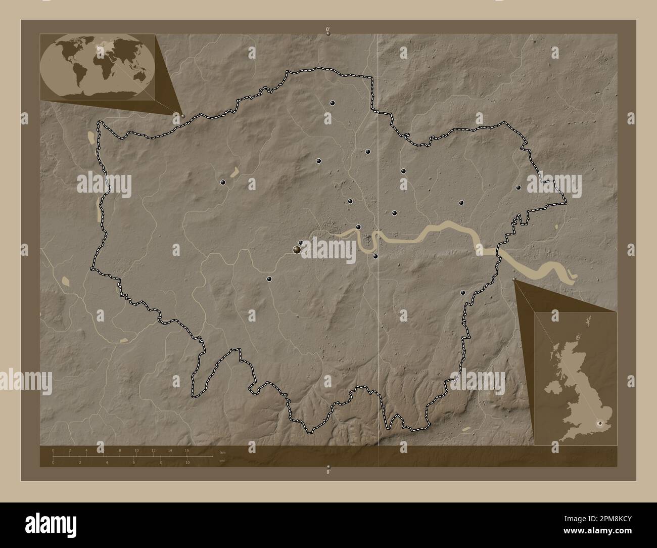 London, region of United Kingdom. Elevation map colored in sepia tones ...