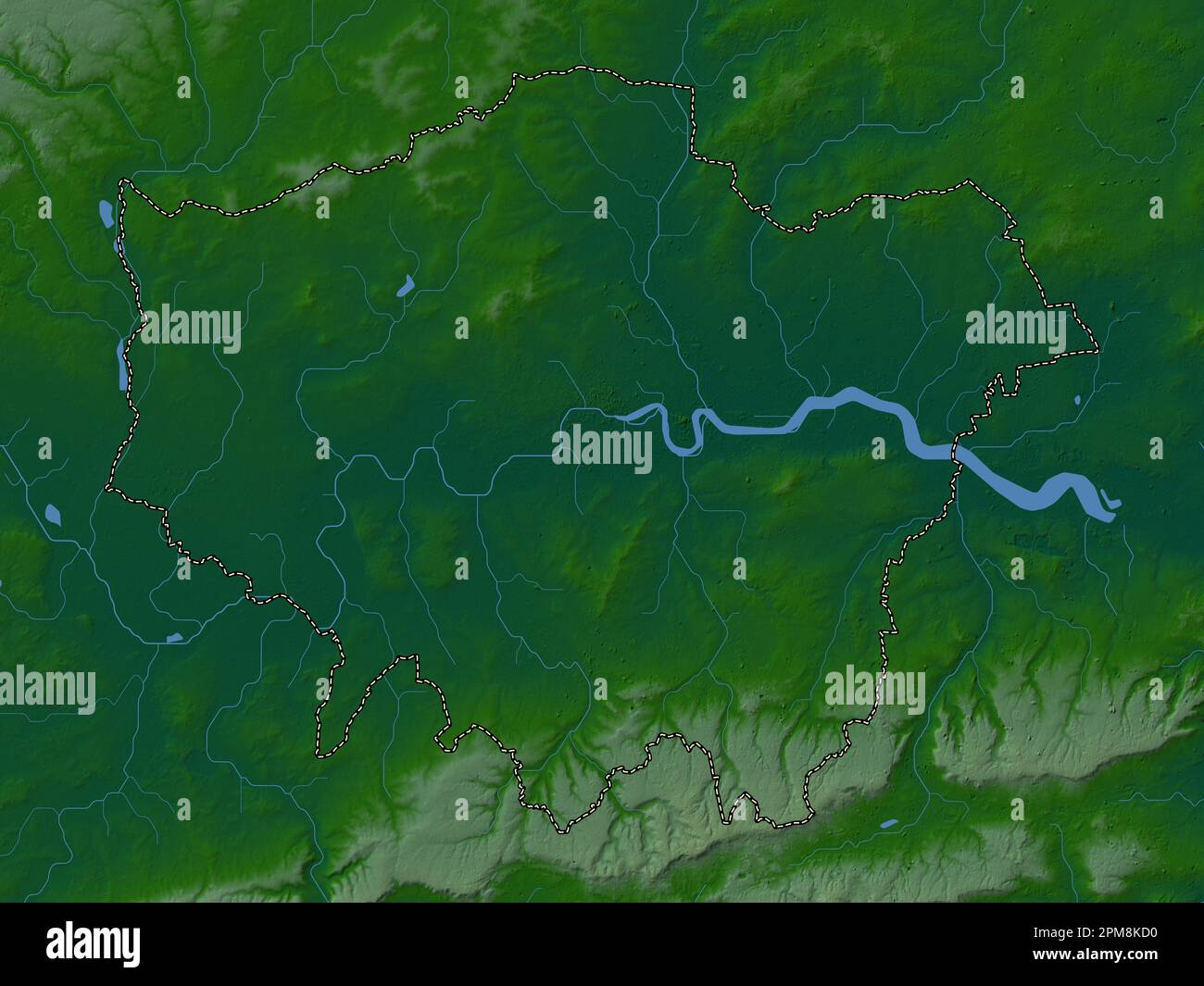 London, region of United Kingdom. Colored elevation map with lakes and ...