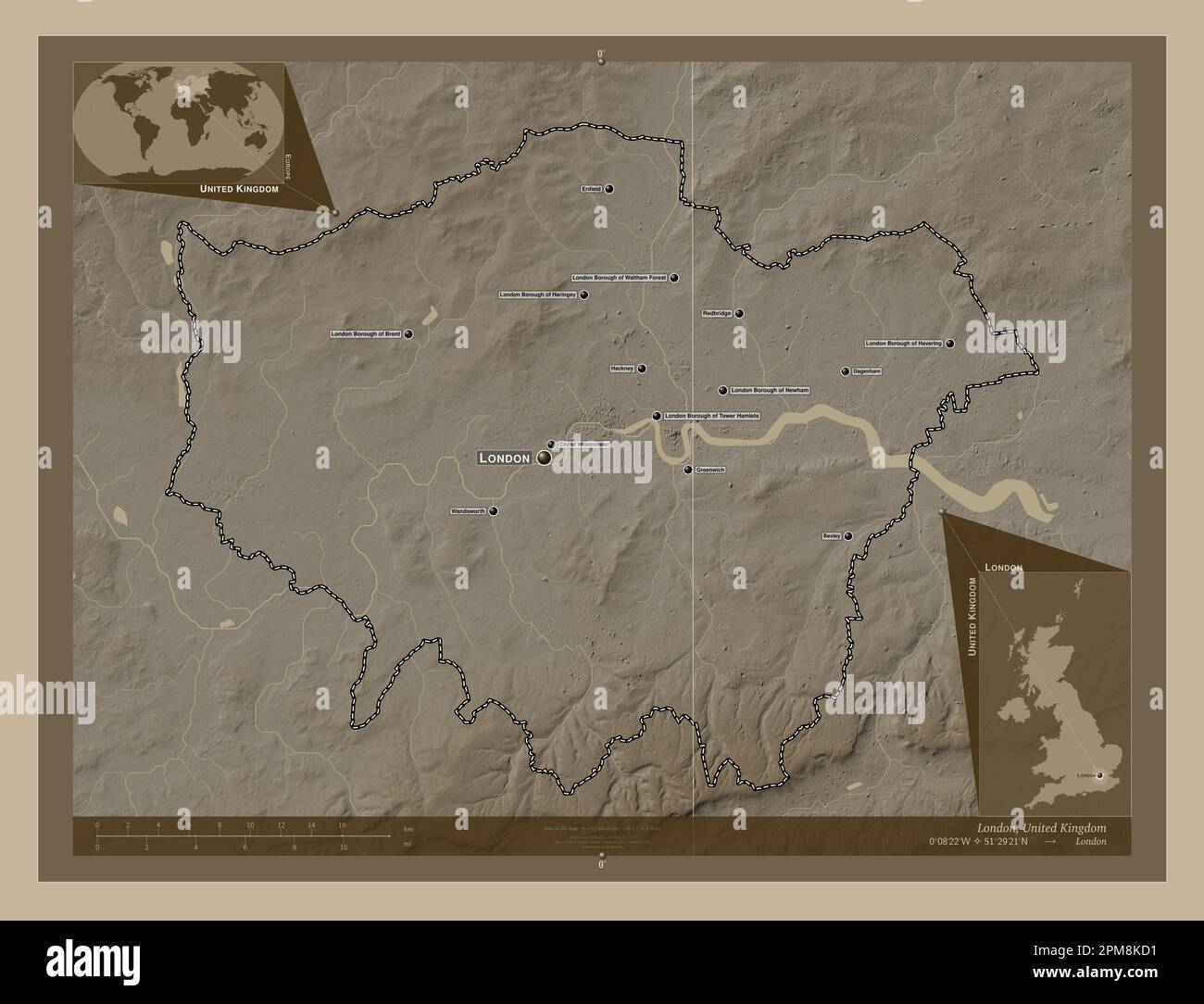 London, region of United Kingdom. Elevation map colored in sepia tones ...