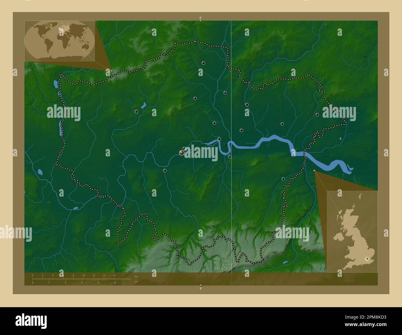 London, region of United Kingdom. Colored elevation map with lakes and ...