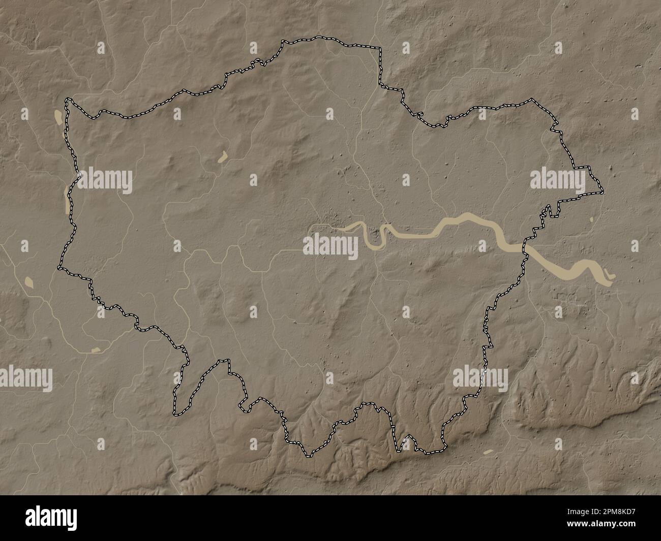 London, region of United Kingdom. Elevation map colored in sepia tones ...