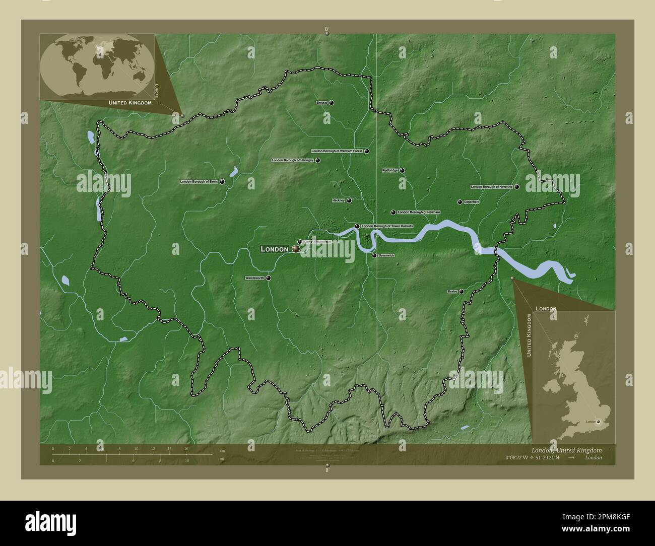 London, region of United Kingdom. Elevation map colored in wiki style ...