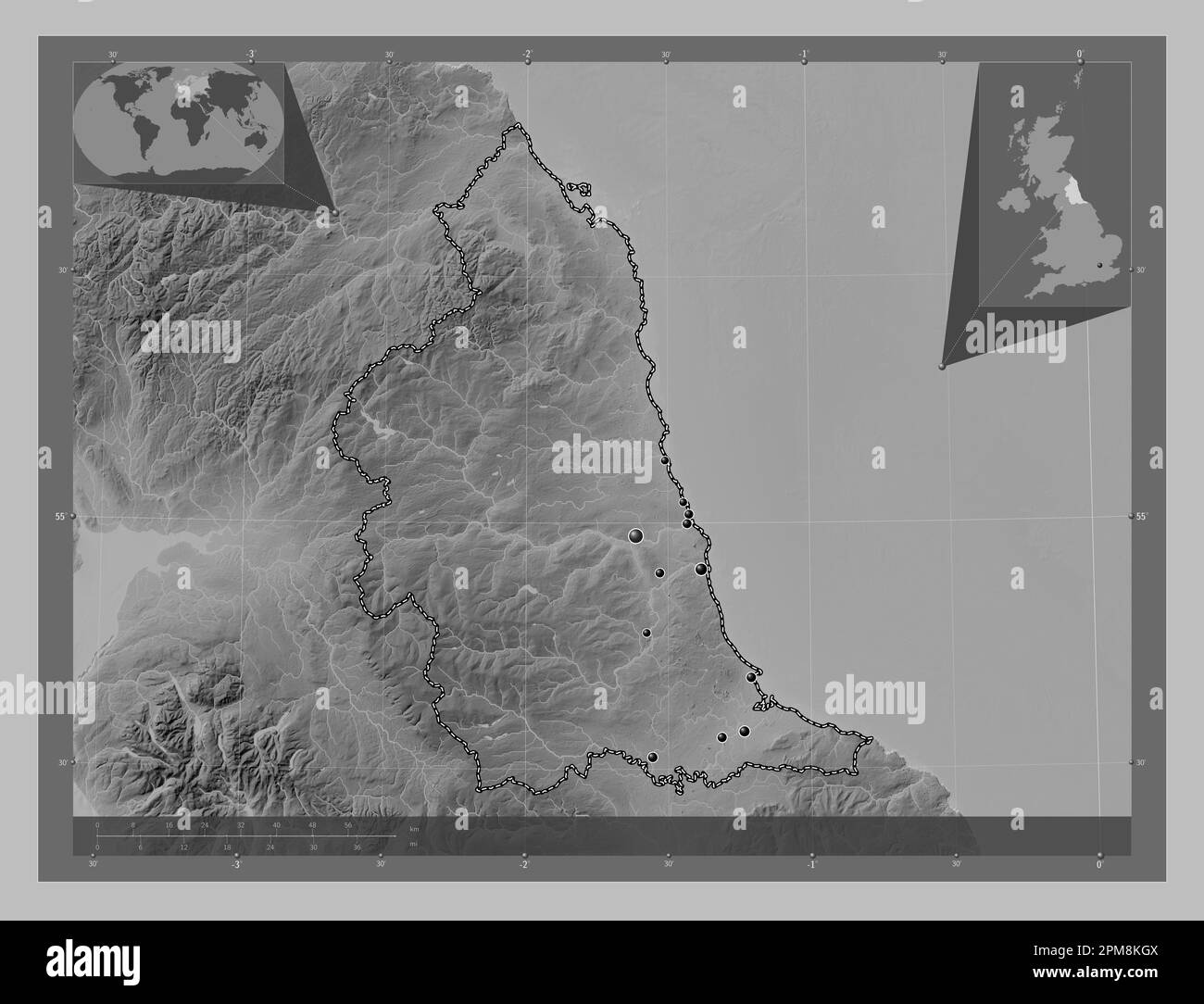 North East, region of United Kingdom. Grayscale elevation map with ...