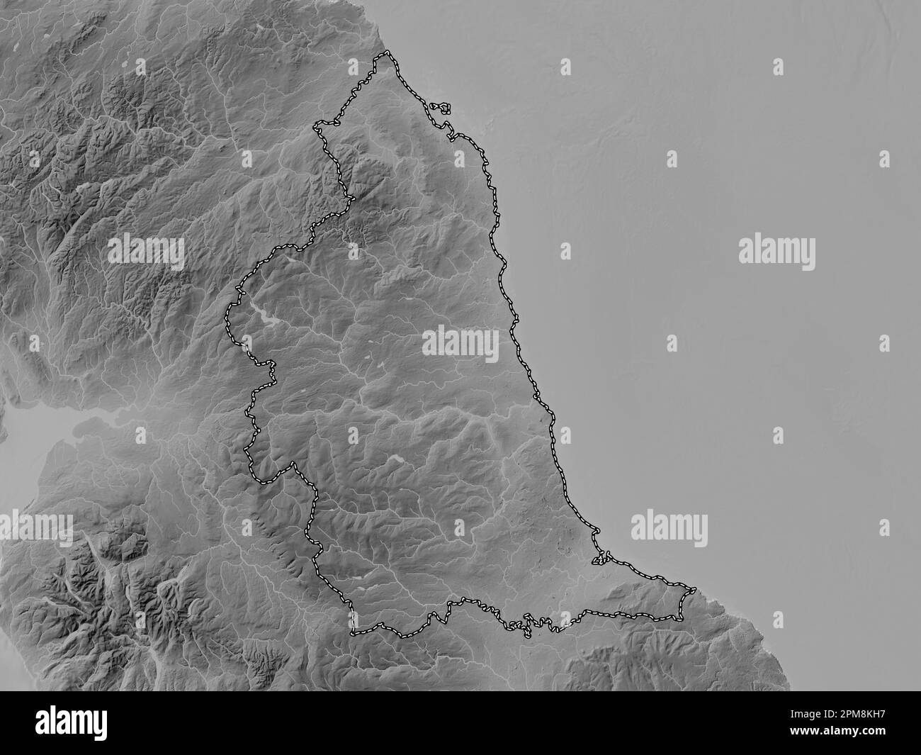 North East, region of United Kingdom. Grayscale elevation map with ...
