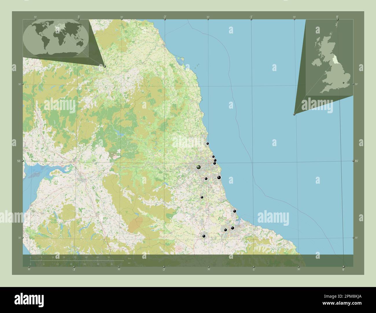 North East, region of United Kingdom. Open Street Map. Locations of ...