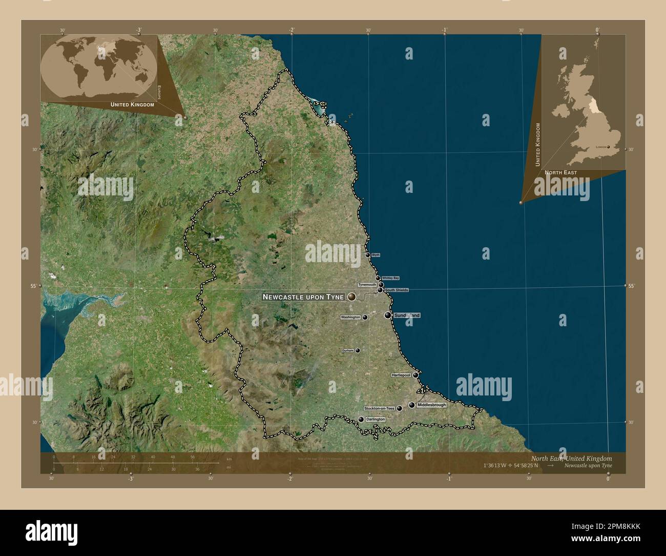 North East, region of United Kingdom. Low resolution satellite map ...