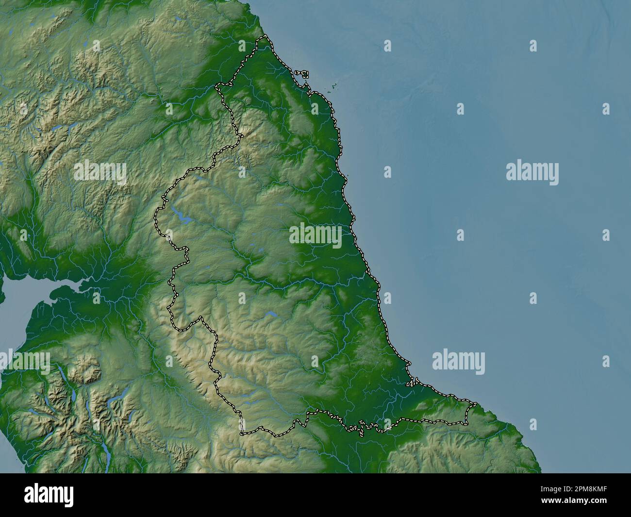 North East, region of United Kingdom. Colored elevation map with lakes ...