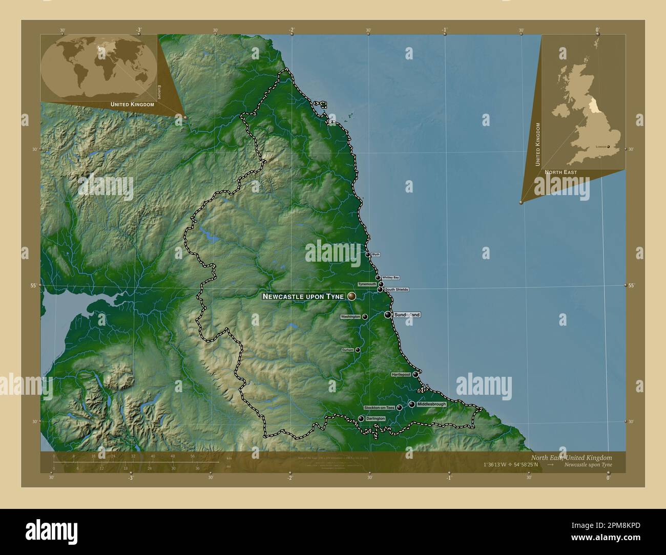 North East, region of United Kingdom. Colored elevation map with lakes ...
