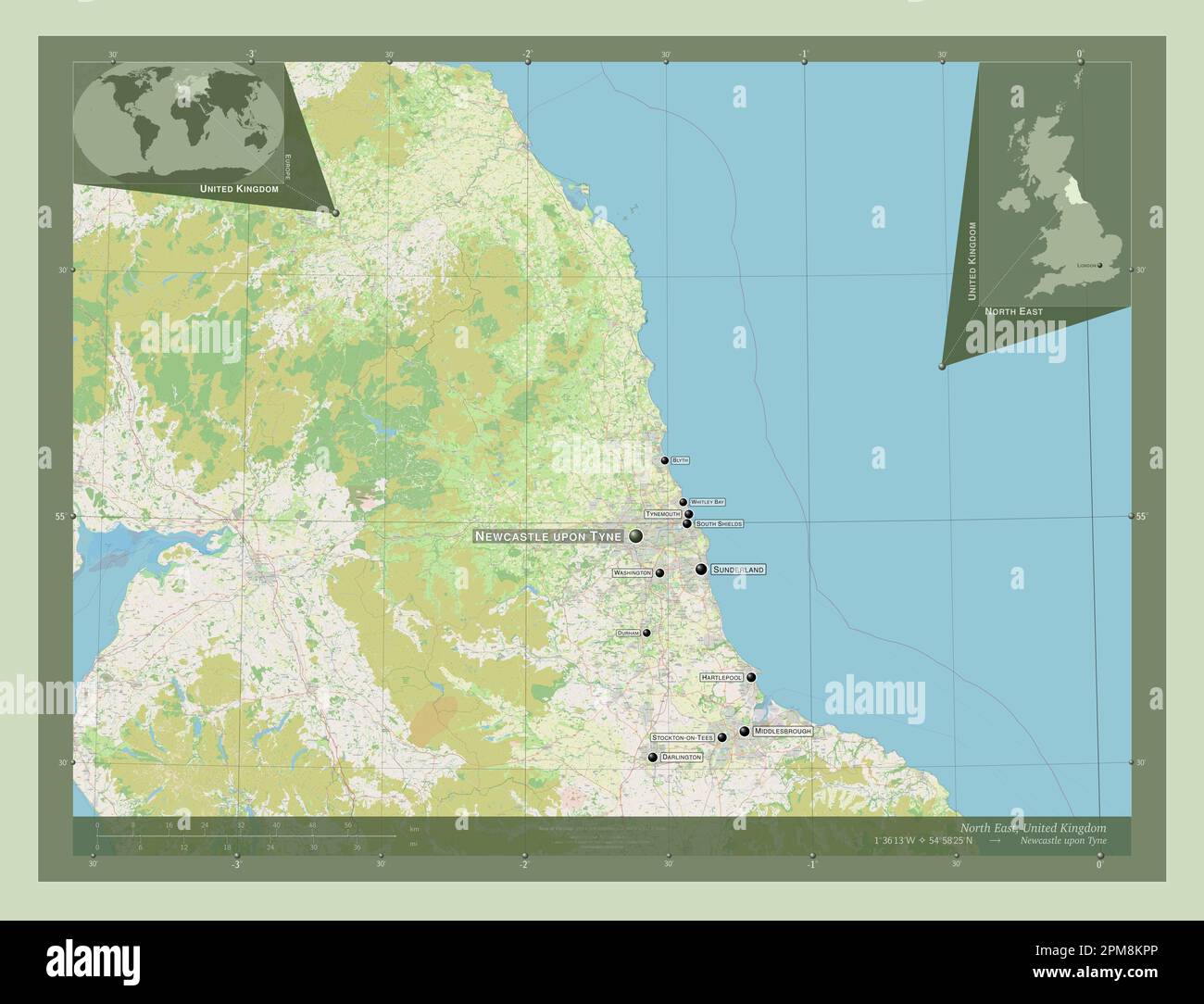 North East, region of United Kingdom. Open Street Map. Locations and ...