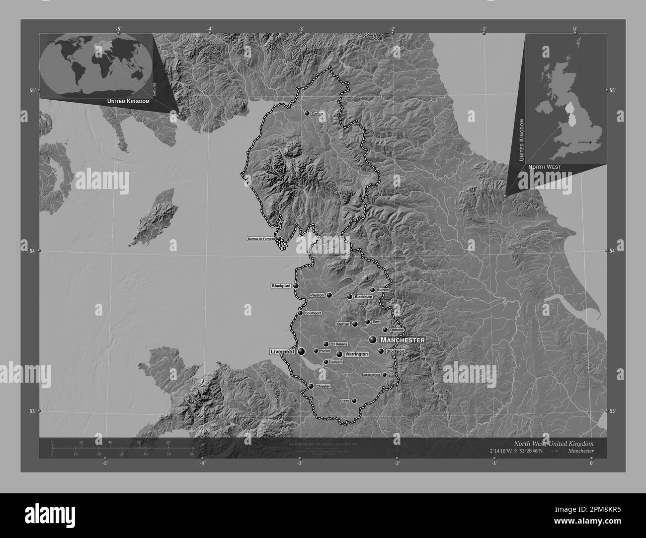 North West, region of United Kingdom. Bilevel elevation map with lakes ...