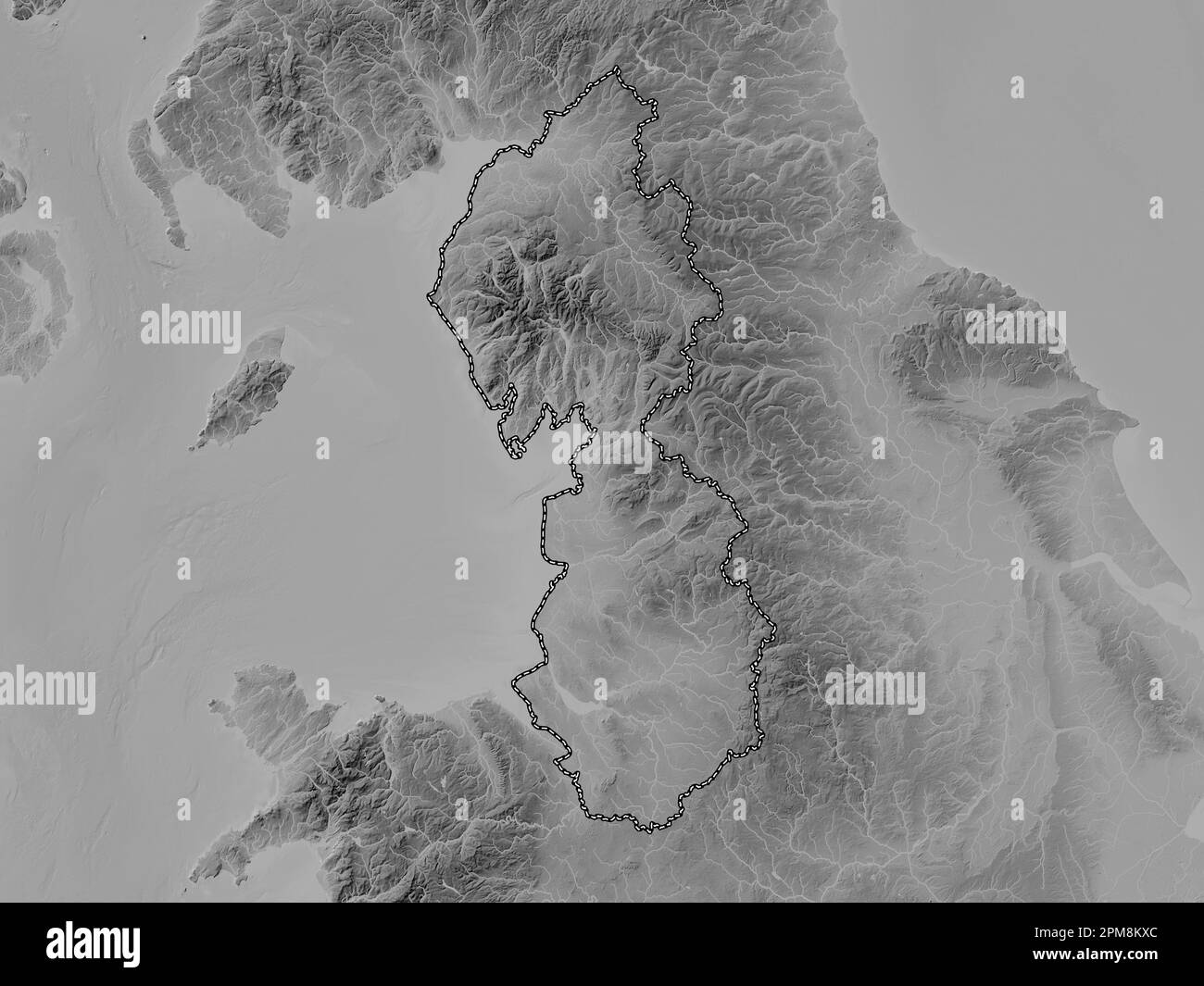 North West, region of United Kingdom. Grayscale elevation map with ...
