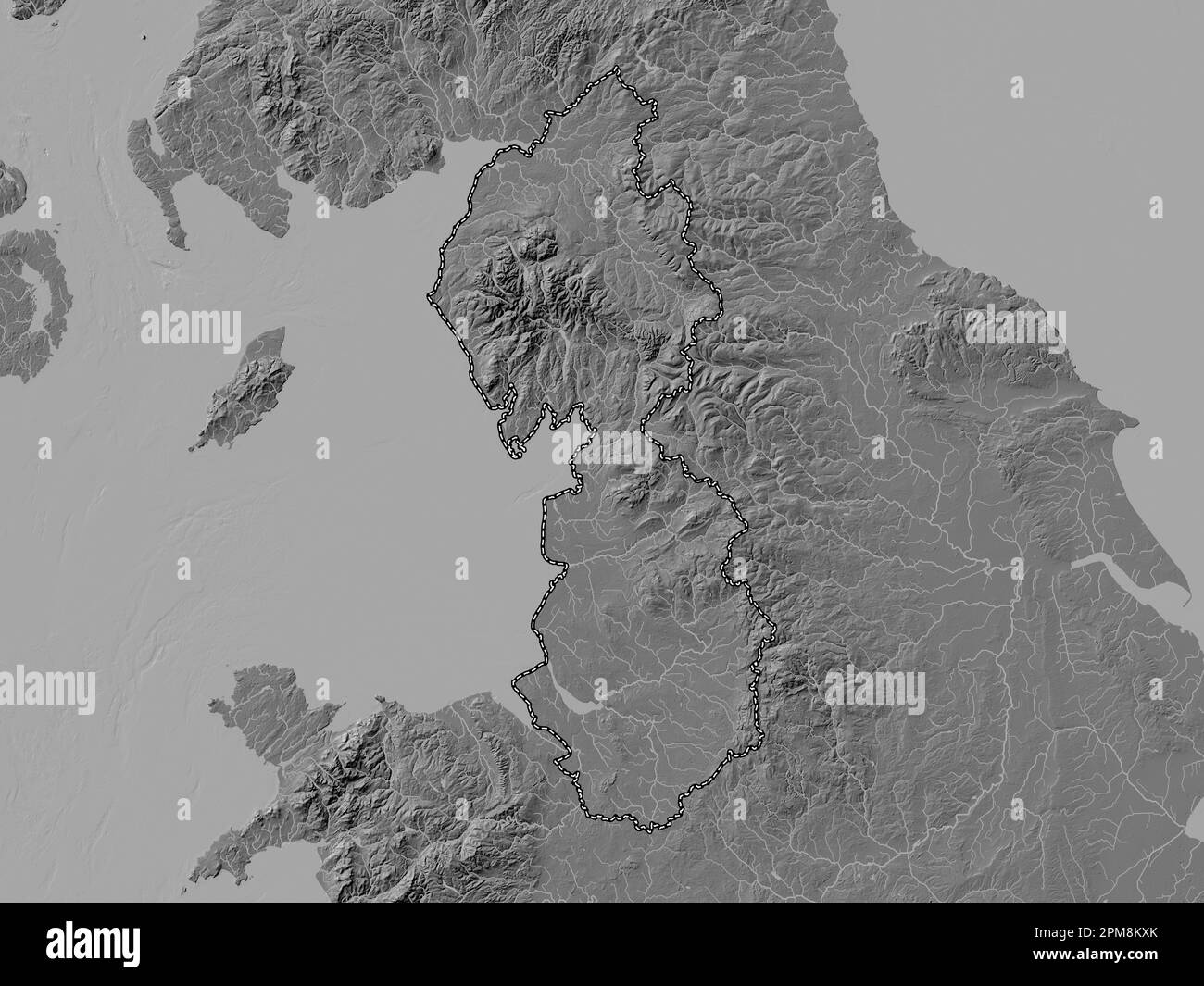 North West, region of United Kingdom. Bilevel elevation map with lakes ...
