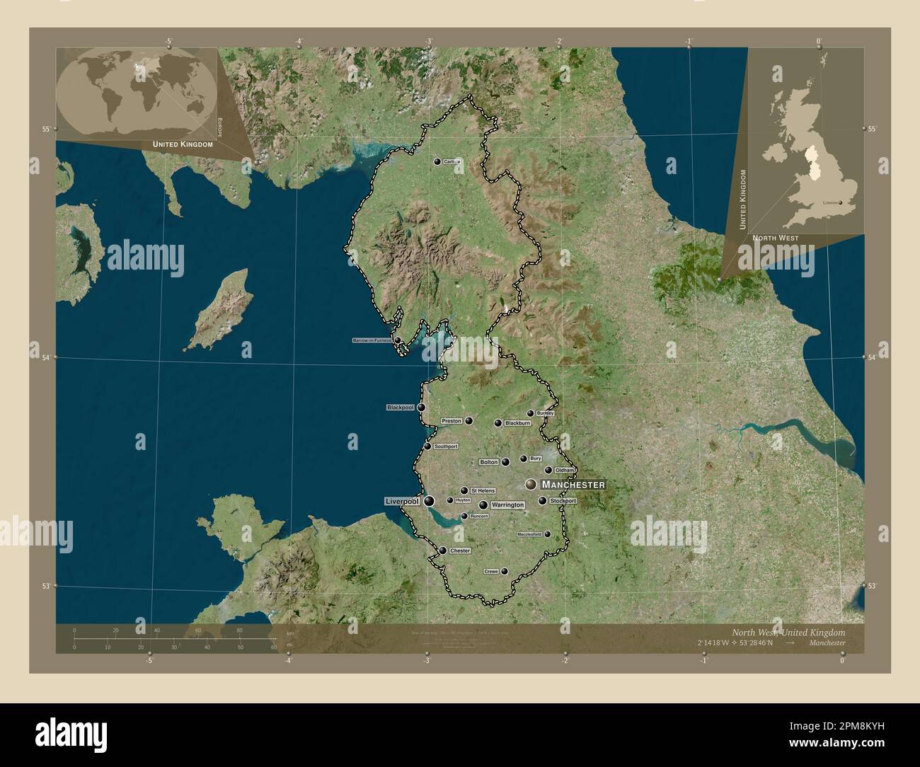 North West, region of United Kingdom. High resolution satellite map ...