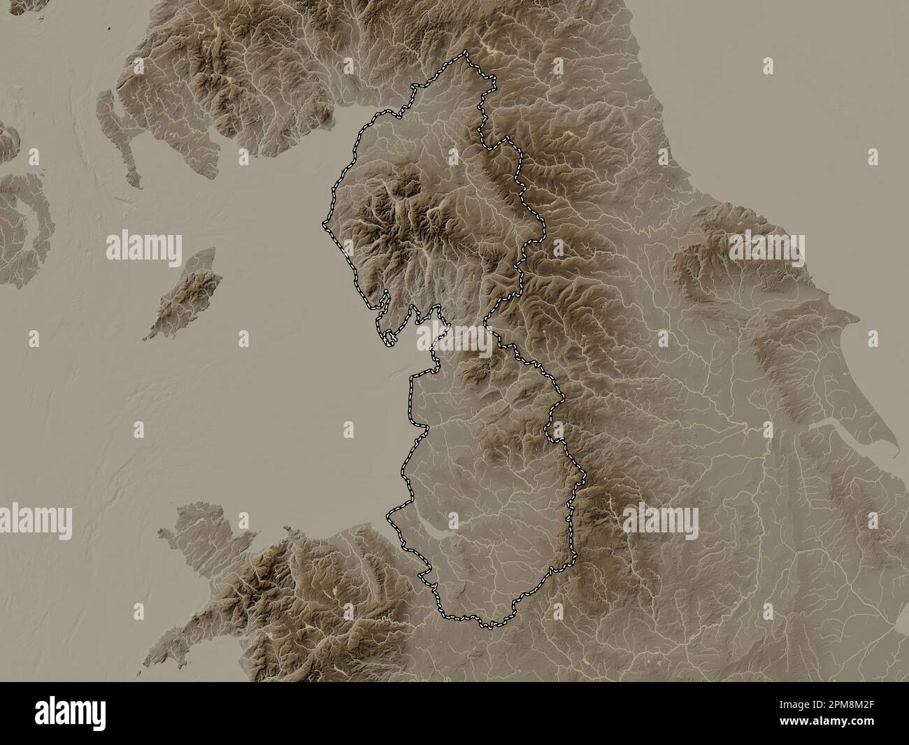 North West, region of United Kingdom. Elevation map colored in sepia ...