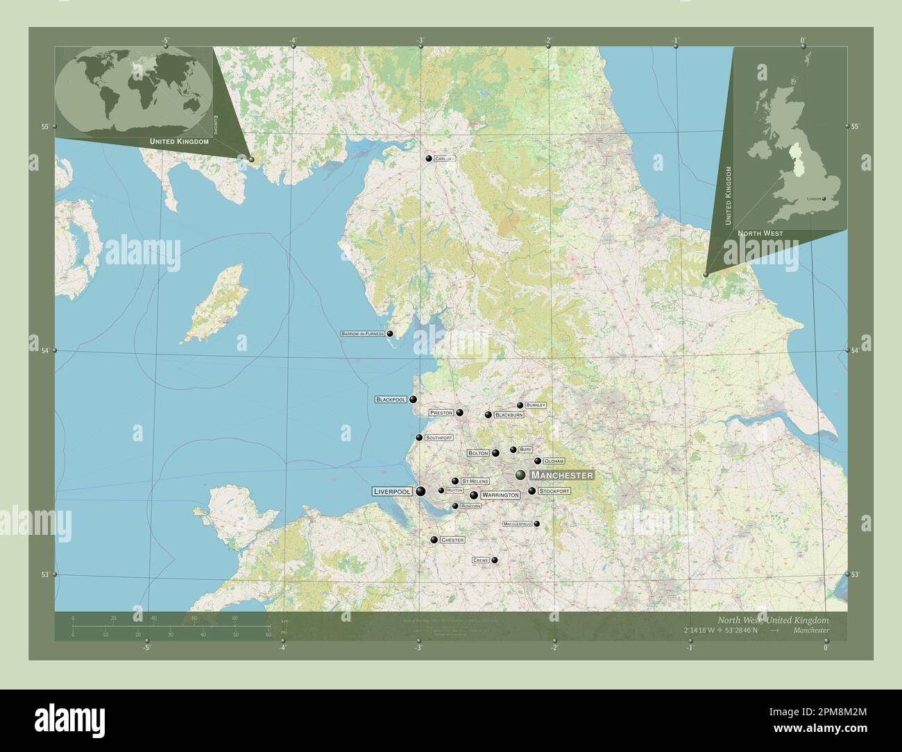 North West, region of United Kingdom. Open Street Map. Locations and ...