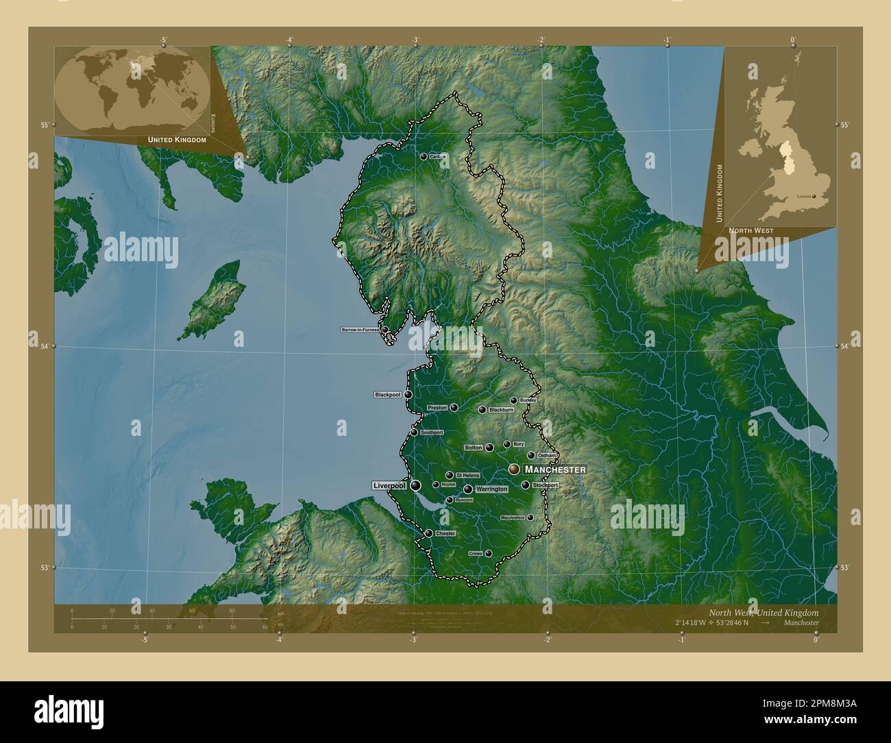 North West, region of United Kingdom. Colored elevation map with lakes ...