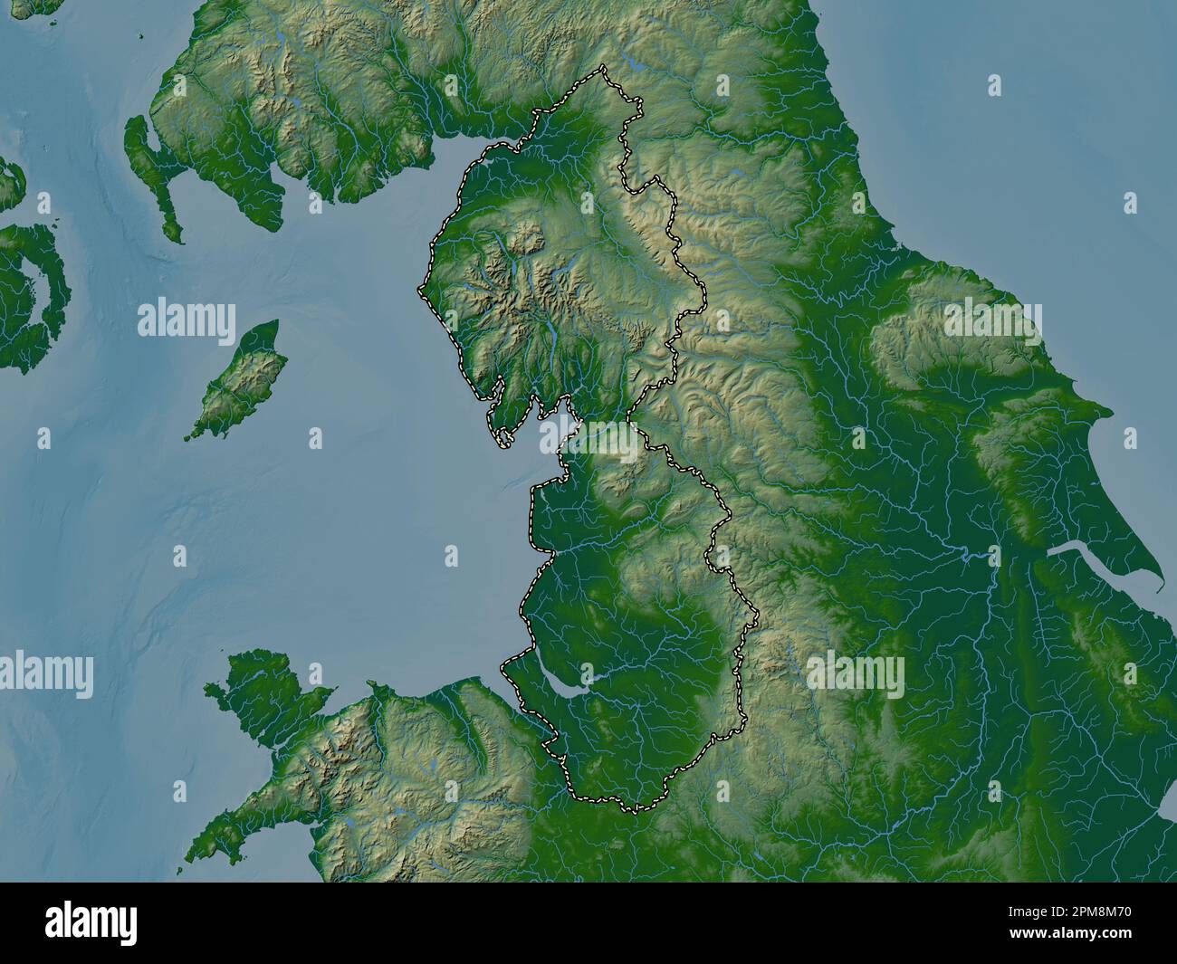 North West, region of United Kingdom. Colored elevation map with lakes ...