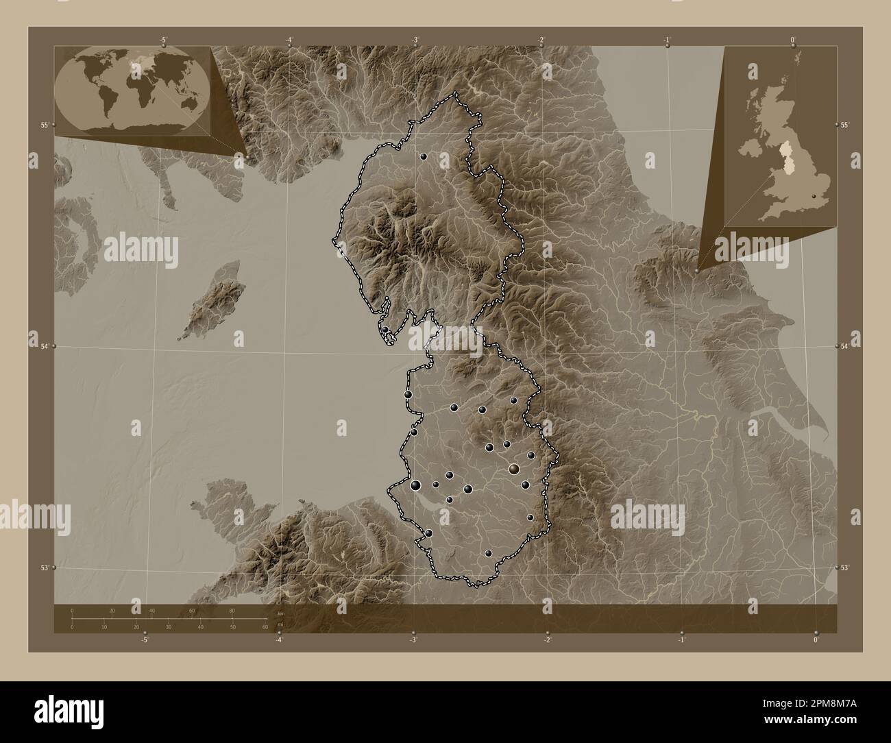 North West, region of United Kingdom. Elevation map colored in sepia ...