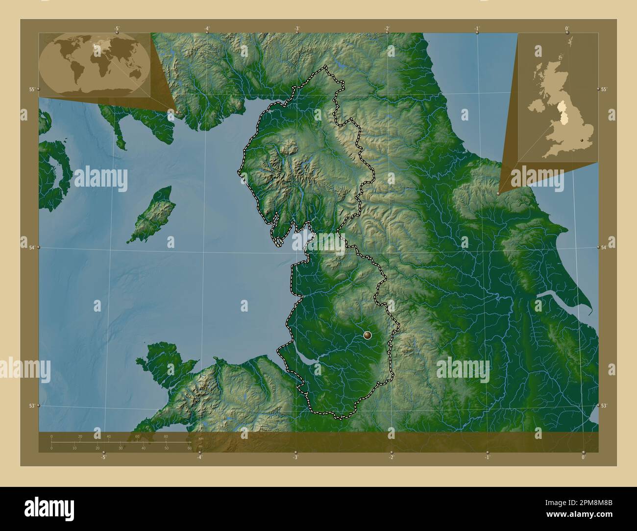 North West, region of United Kingdom. Colored elevation map with lakes ...