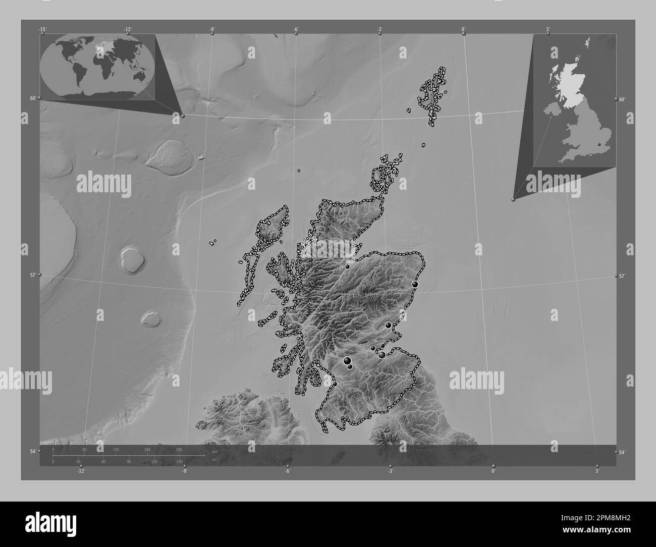 Scotland, region of United Kingdom. Grayscale elevation map with lakes ...
