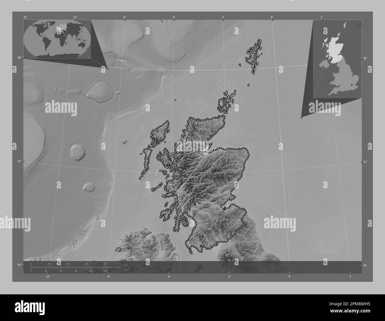 Scotland, region of United Kingdom. Grayscale elevation map with lakes ...