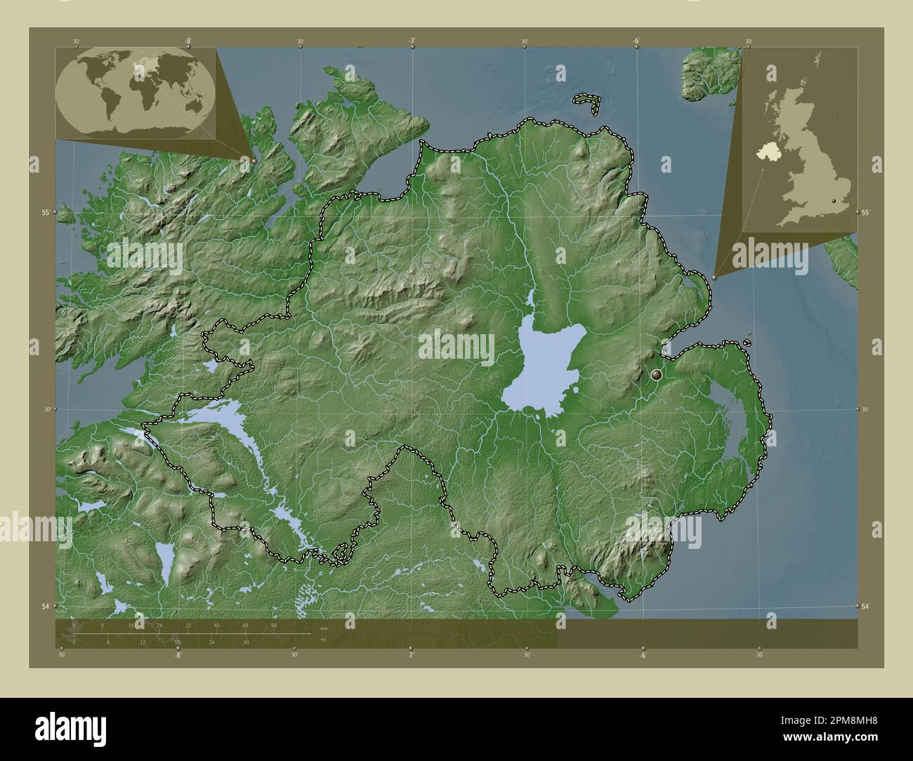 Northern Ireland, region of United Kingdom. Elevation map colored in ...