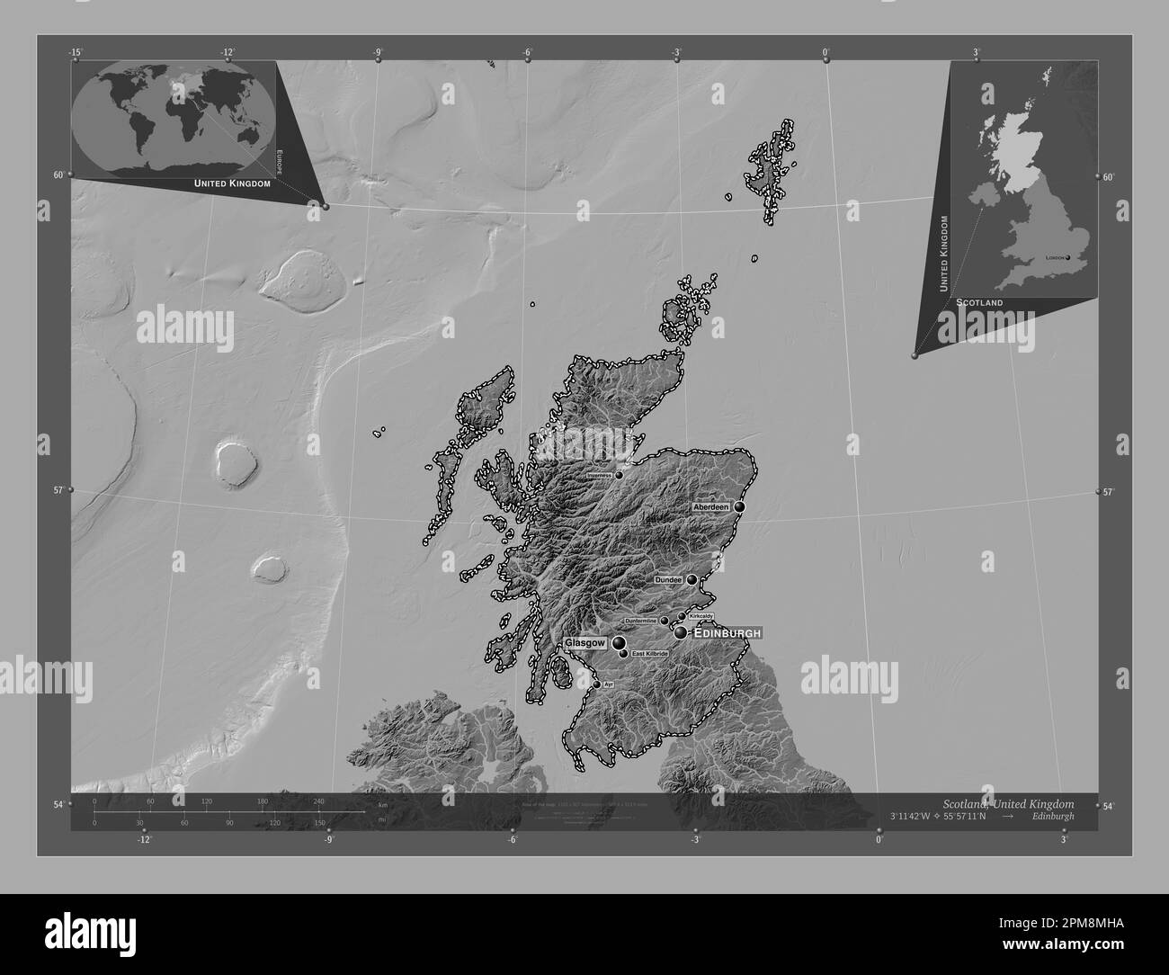 Scotland, region of United Kingdom. Bilevel elevation map with lakes ...