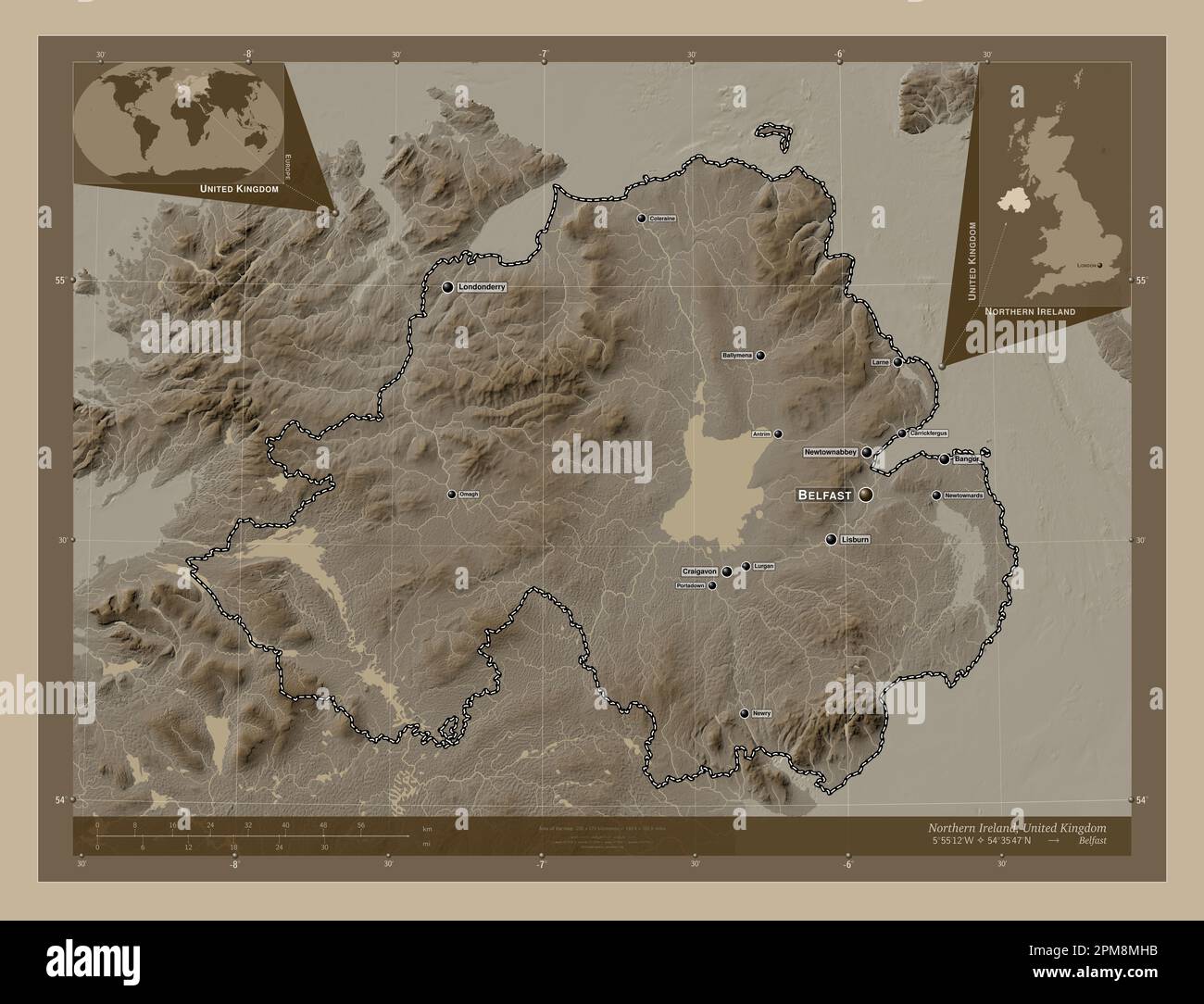 Northern Ireland, region of United Kingdom. Elevation map colored in ...