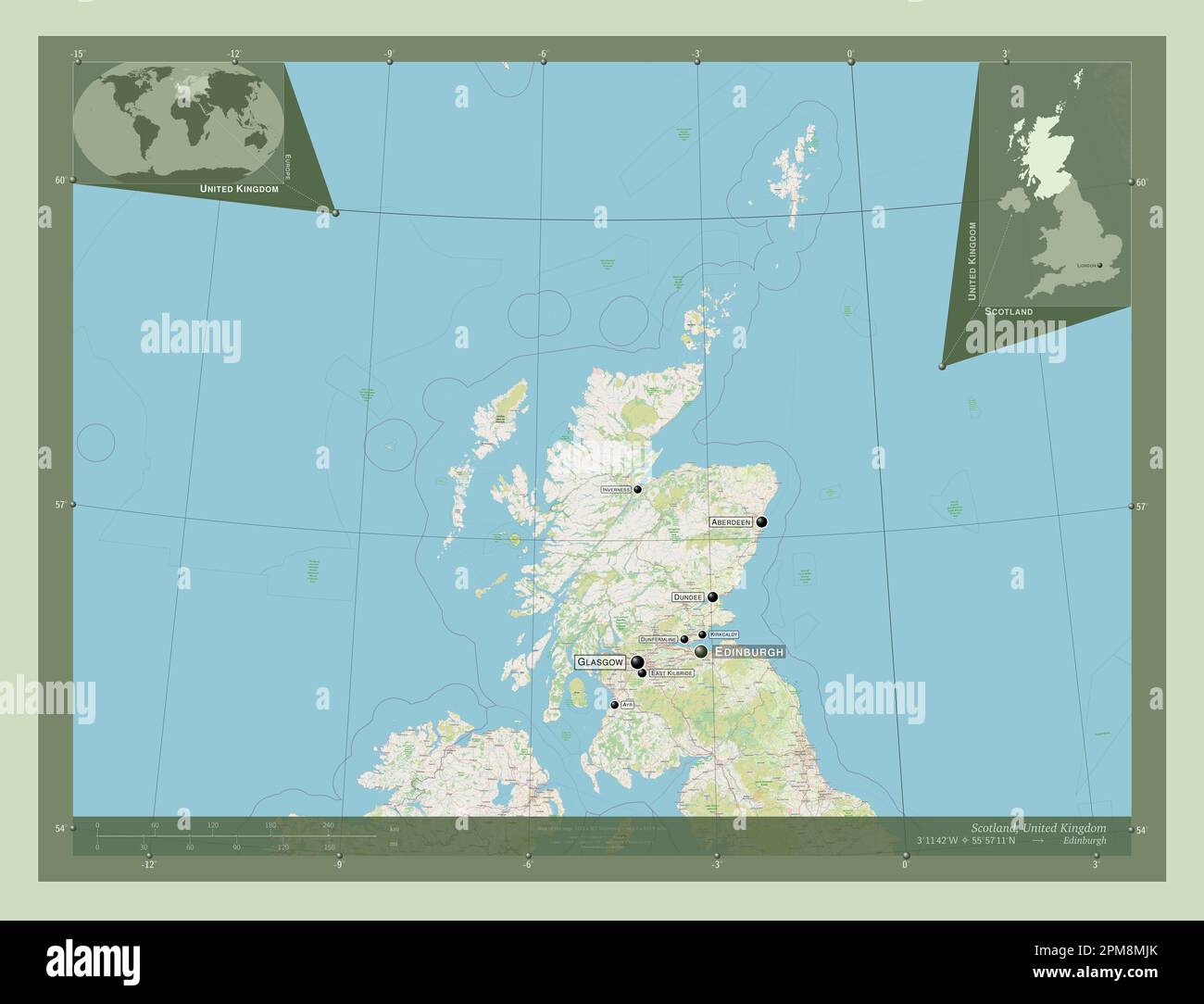 Scotland, region of United Kingdom. Open Street Map. Locations and ...
