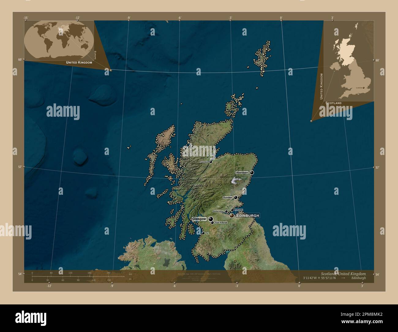 Scotland, region of United Kingdom. Low resolution satellite map ...