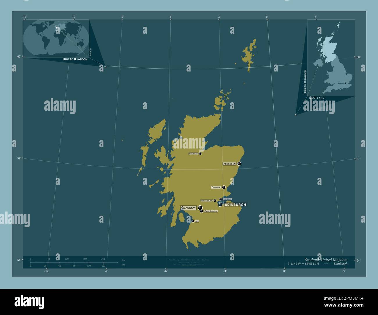 Scotland, region of United Kingdom. Solid color shape. Locations and ...