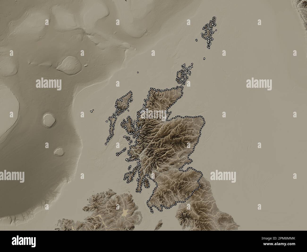 Scotland, region of United Kingdom. Elevation map colored in sepia ...