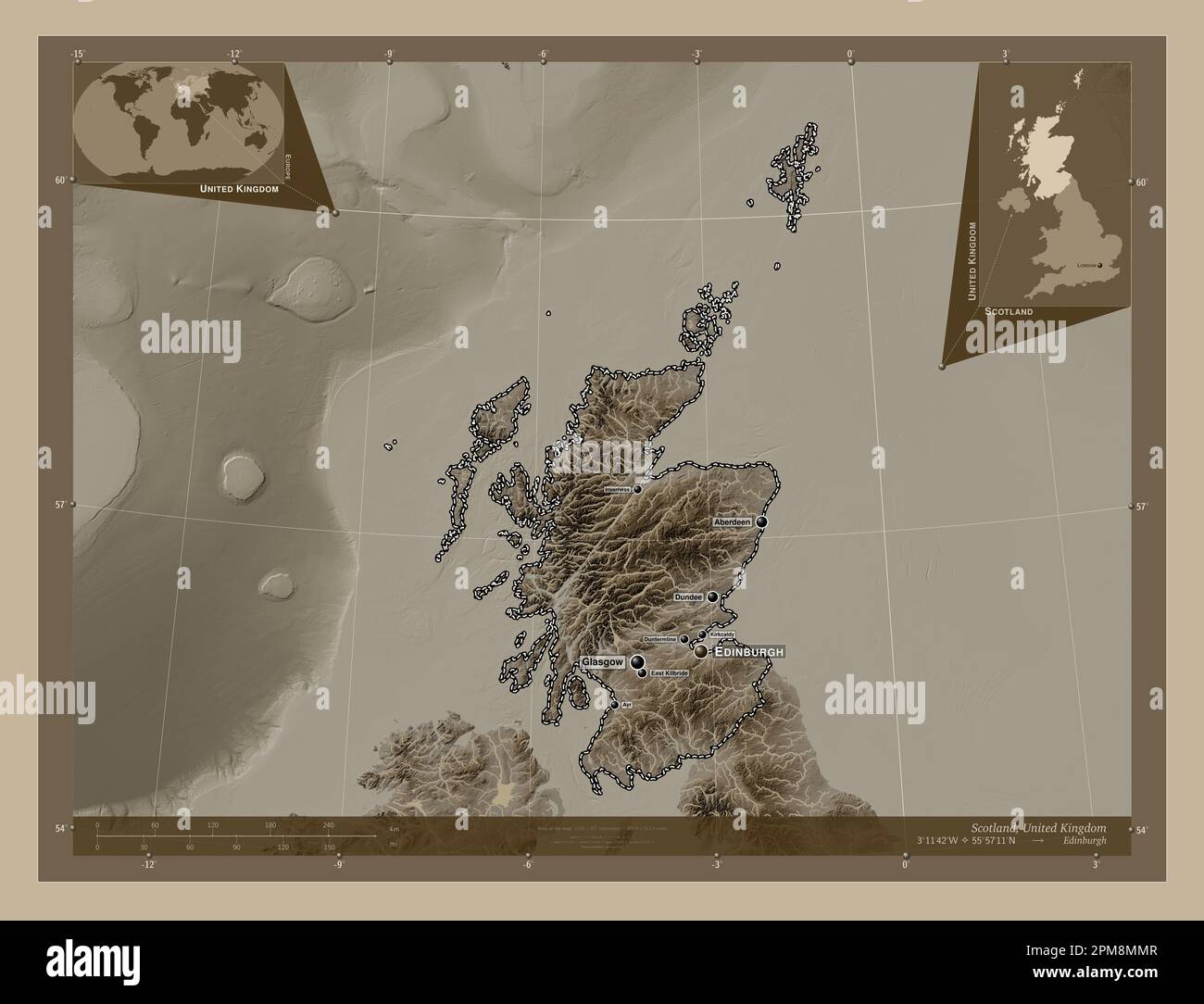 Scotland, region of United Kingdom. Elevation map colored in sepia ...