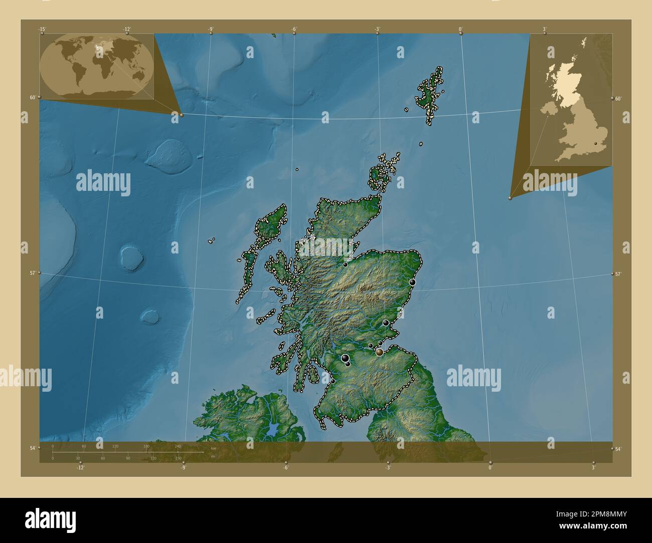 Scotland, region of United Kingdom. Colored elevation map with lakes ...