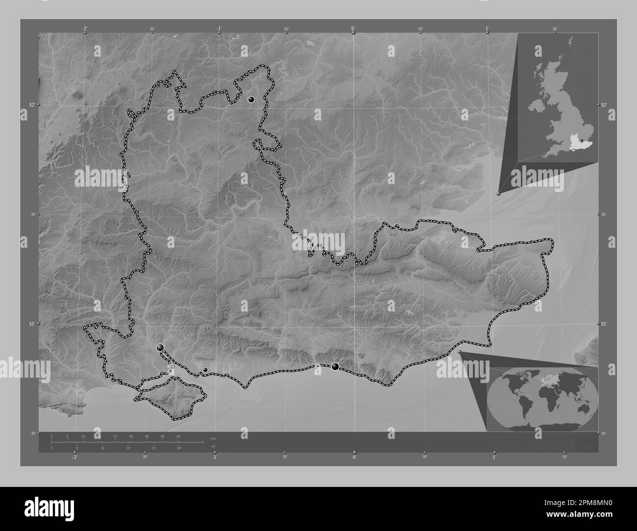 South East, region of United Kingdom. Grayscale elevation map with ...