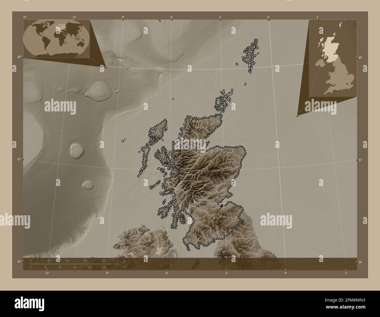 Scotland, region of United Kingdom. Elevation map colored in sepia ...