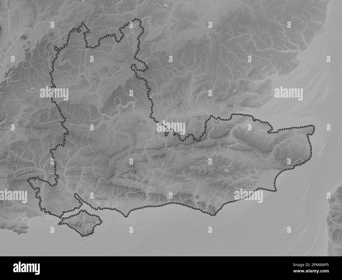 South East, region of United Kingdom. Grayscale elevation map with ...