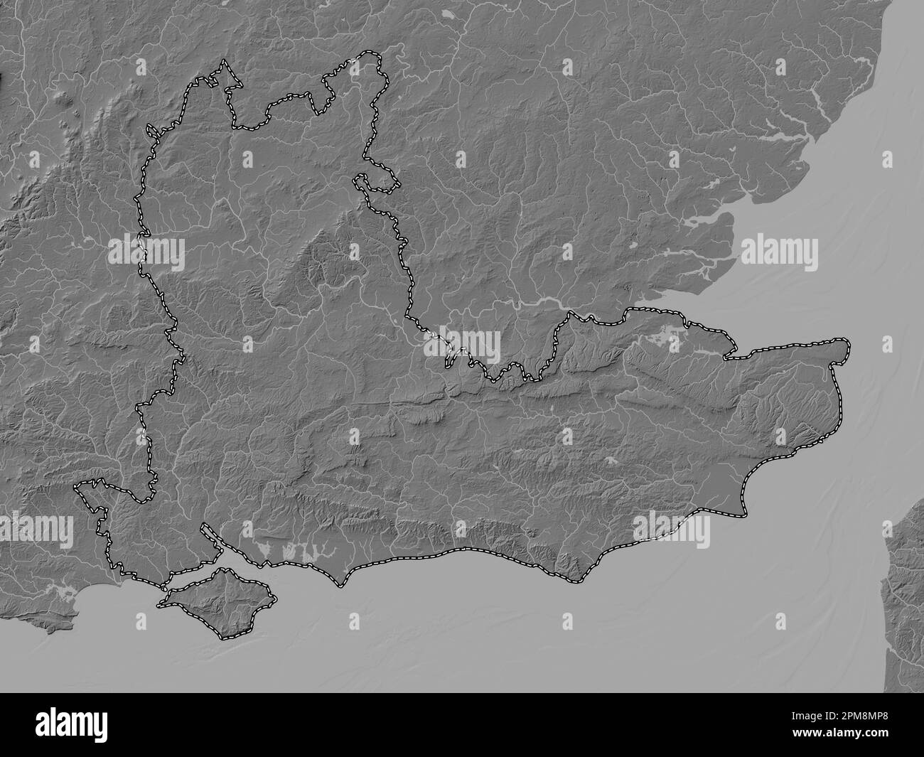 South East, region of United Kingdom. Bilevel elevation map with lakes ...