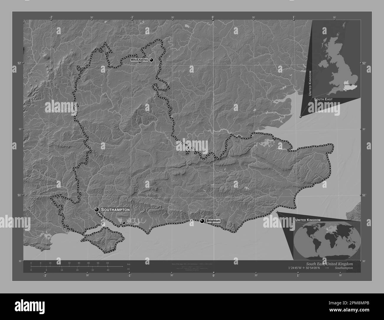 South East, region of United Kingdom. Bilevel elevation map with lakes ...