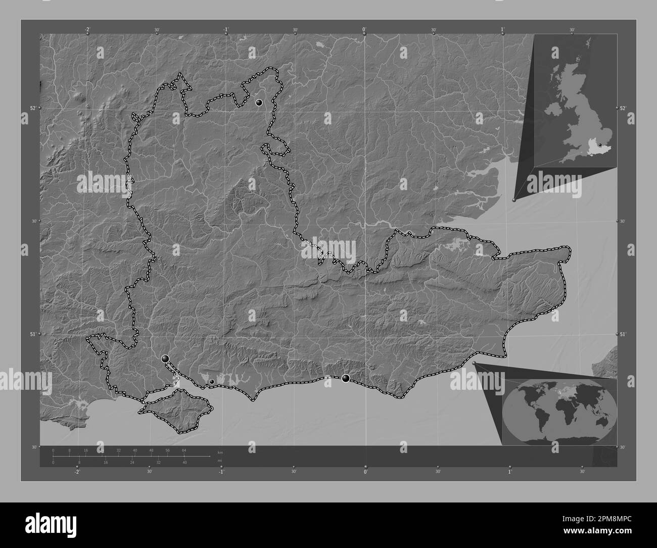 South East, region of United Kingdom. Bilevel elevation map with lakes ...