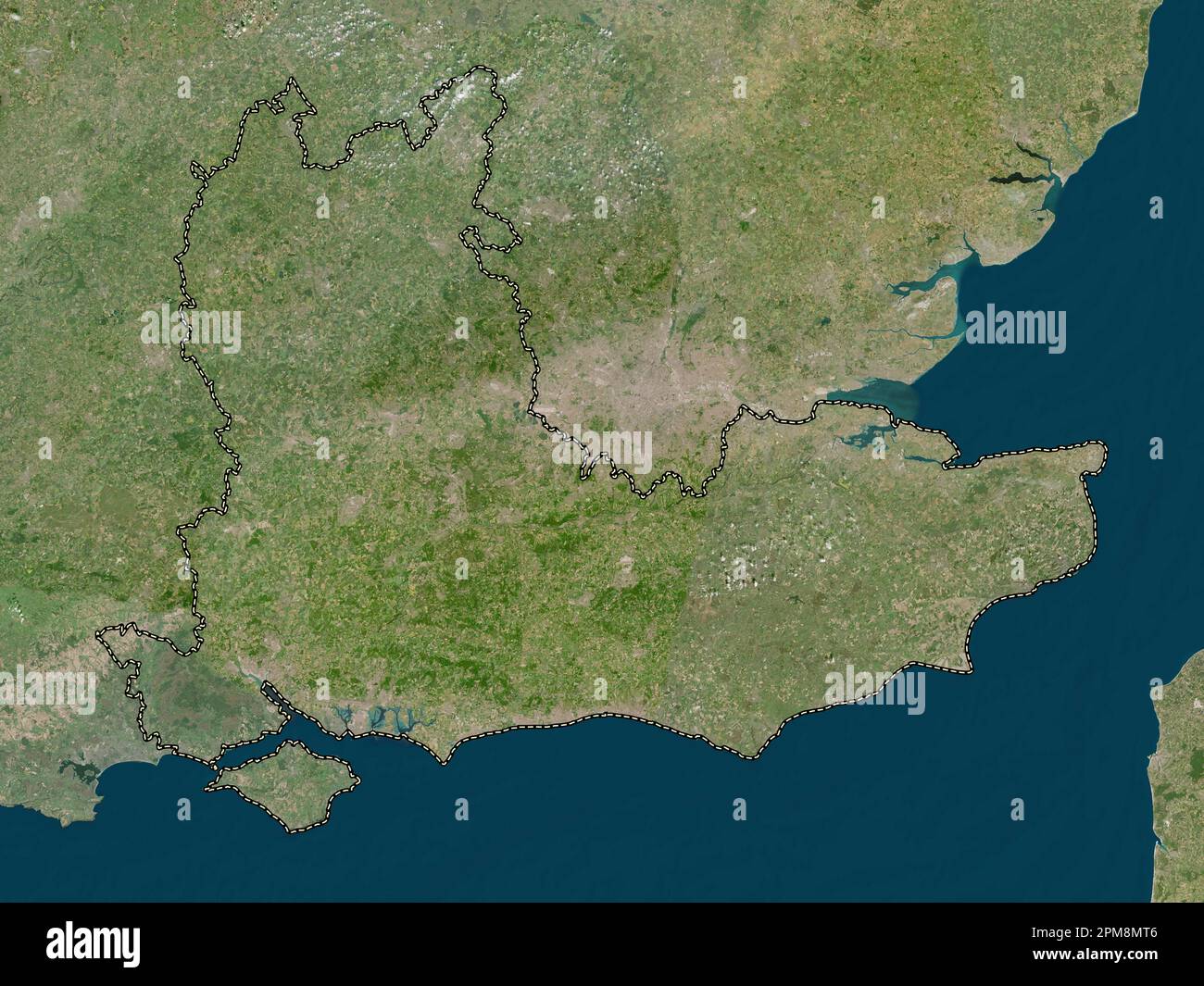 South East, region of United Kingdom. Low resolution satellite map ...