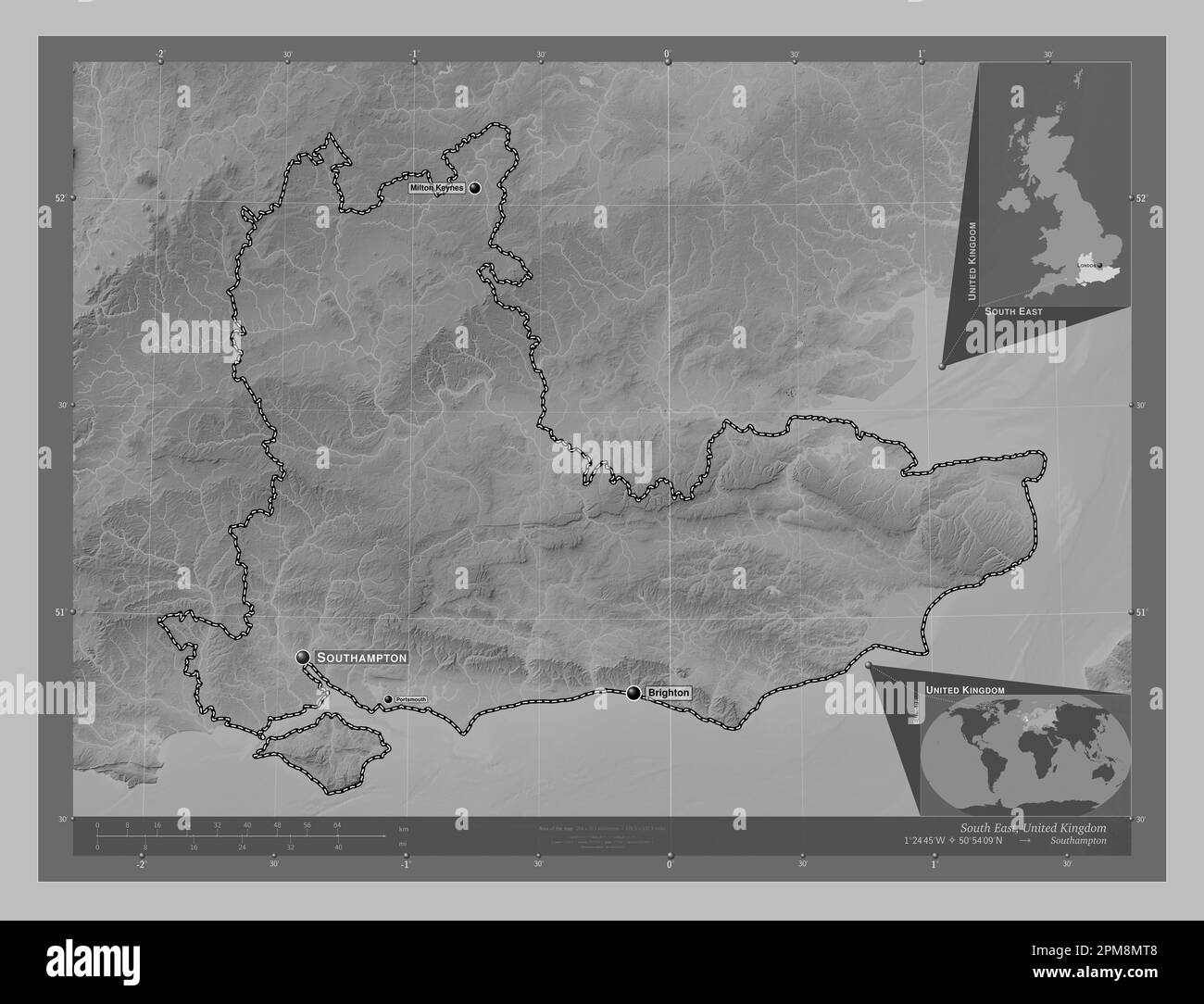 South East, region of United Kingdom. Grayscale elevation map with ...