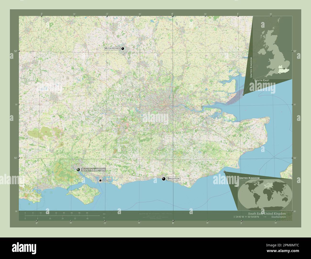 South East, region of United Kingdom. Open Street Map. Locations and ...