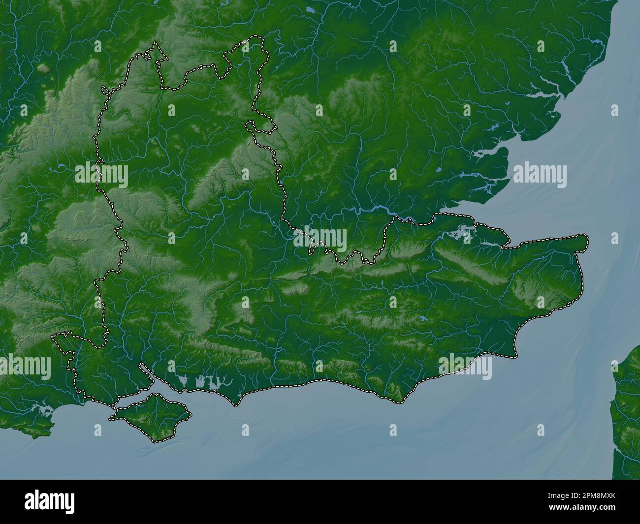 South East, region of United Kingdom. Colored elevation map with lakes ...