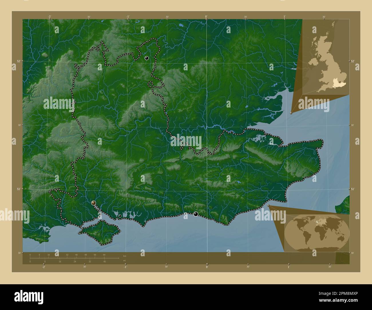 South East, region of United Kingdom. Colored elevation map with lakes ...