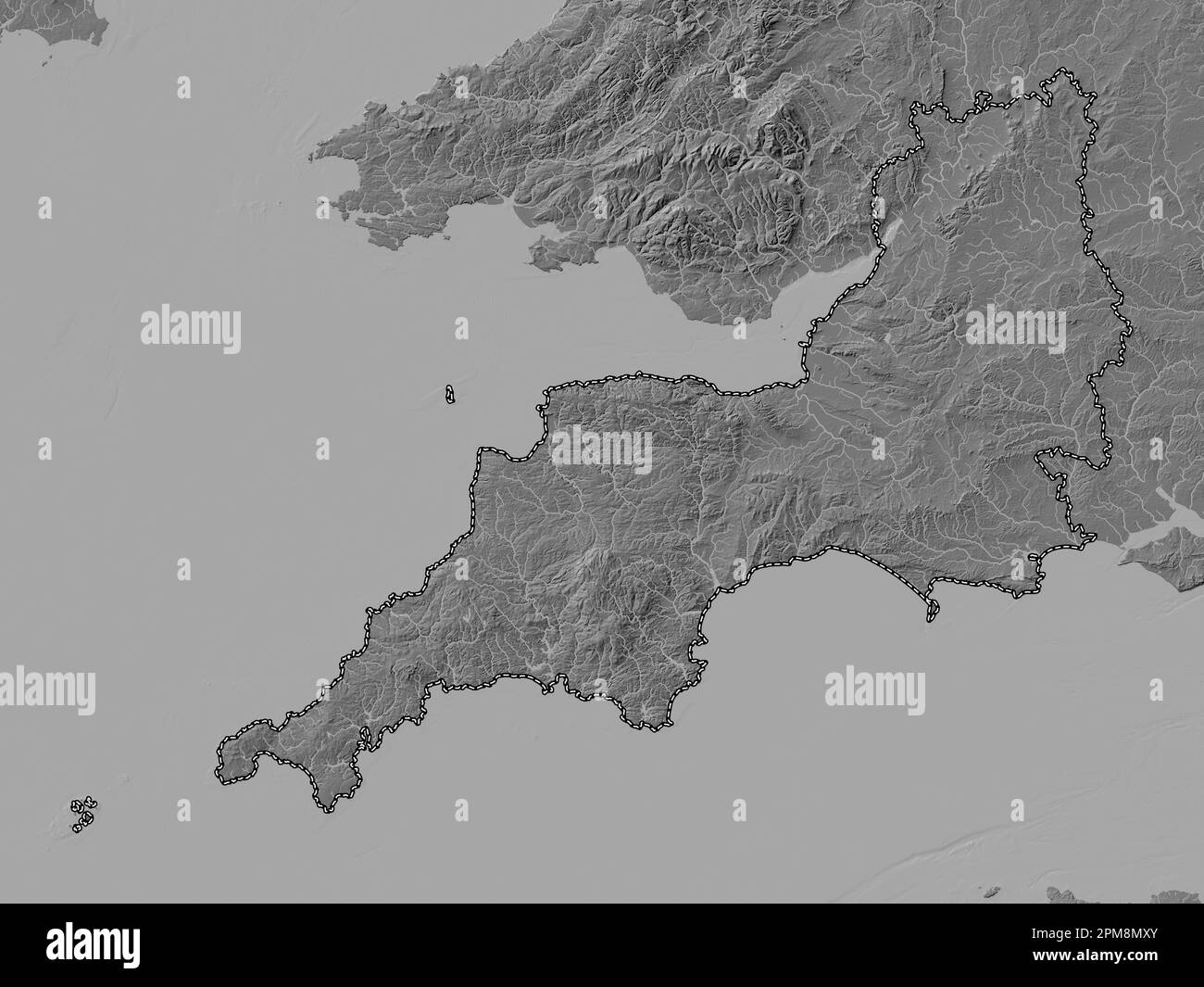 South West, region of United Kingdom. Bilevel elevation map with lakes ...
