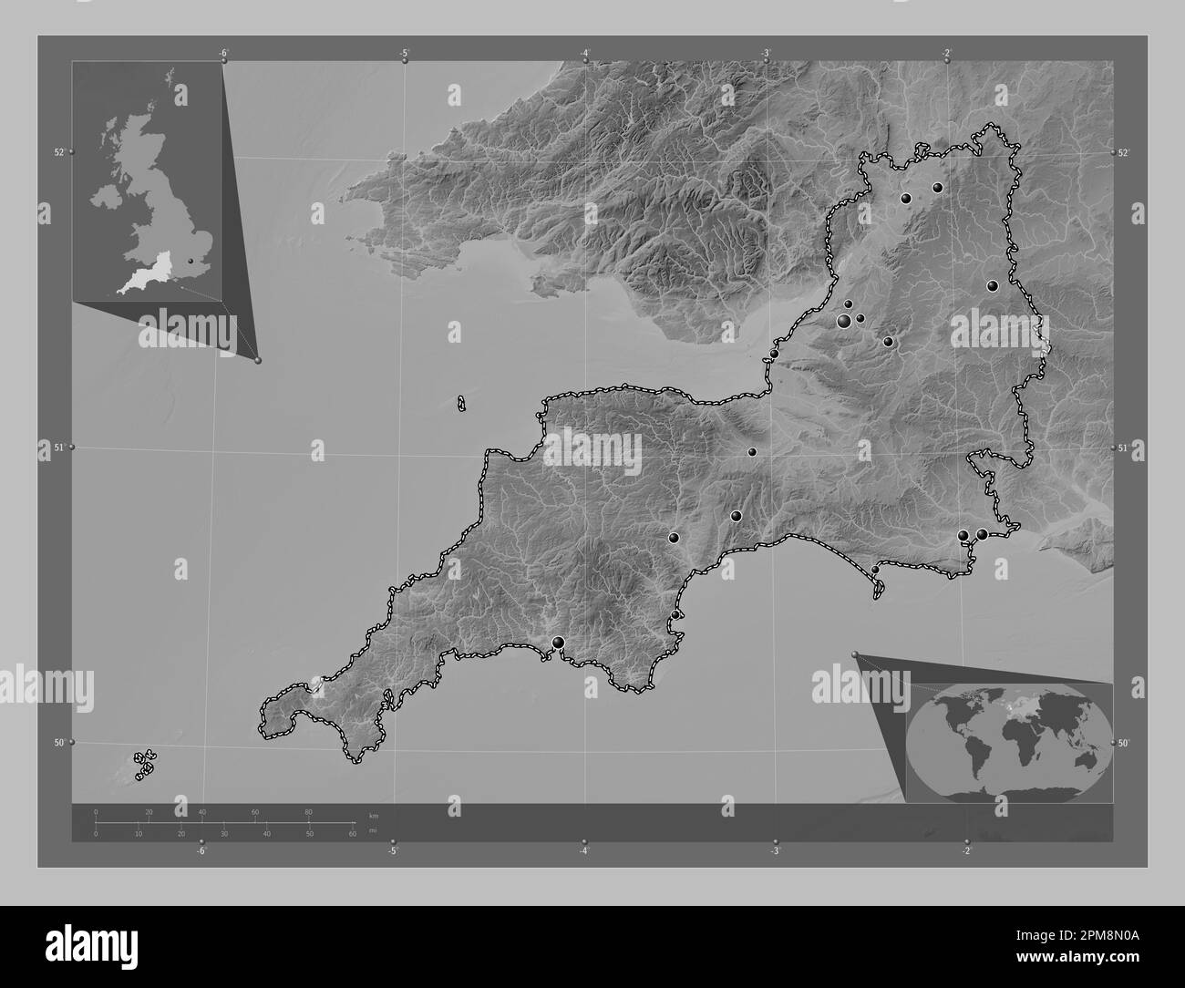 South West, region of United Kingdom. Grayscale elevation map with ...