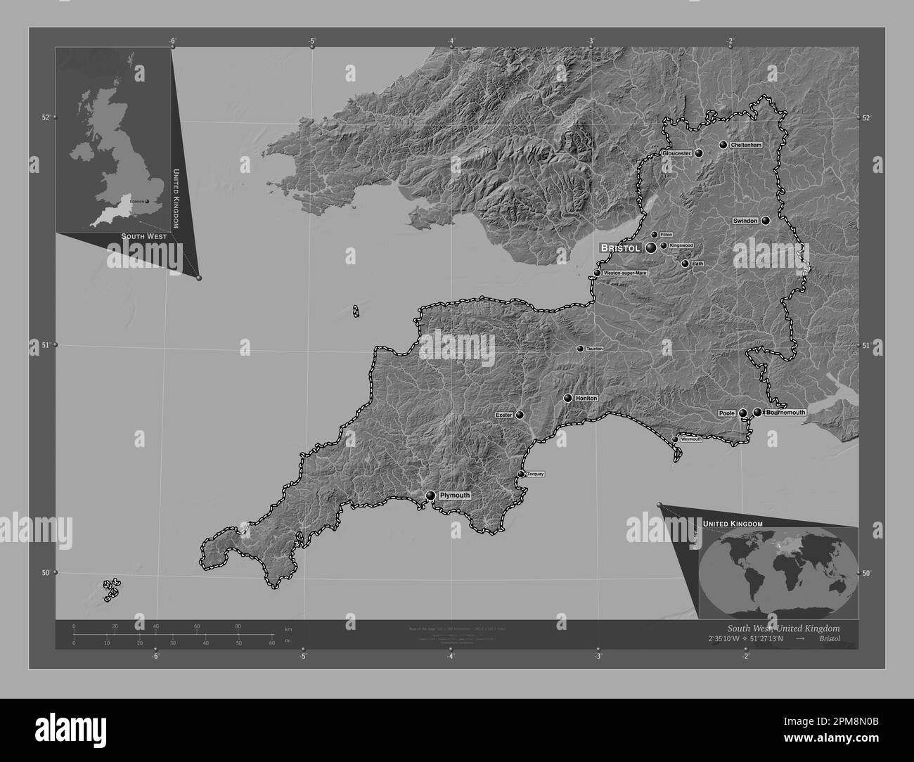 South West, region of United Kingdom. Bilevel elevation map with lakes ...
