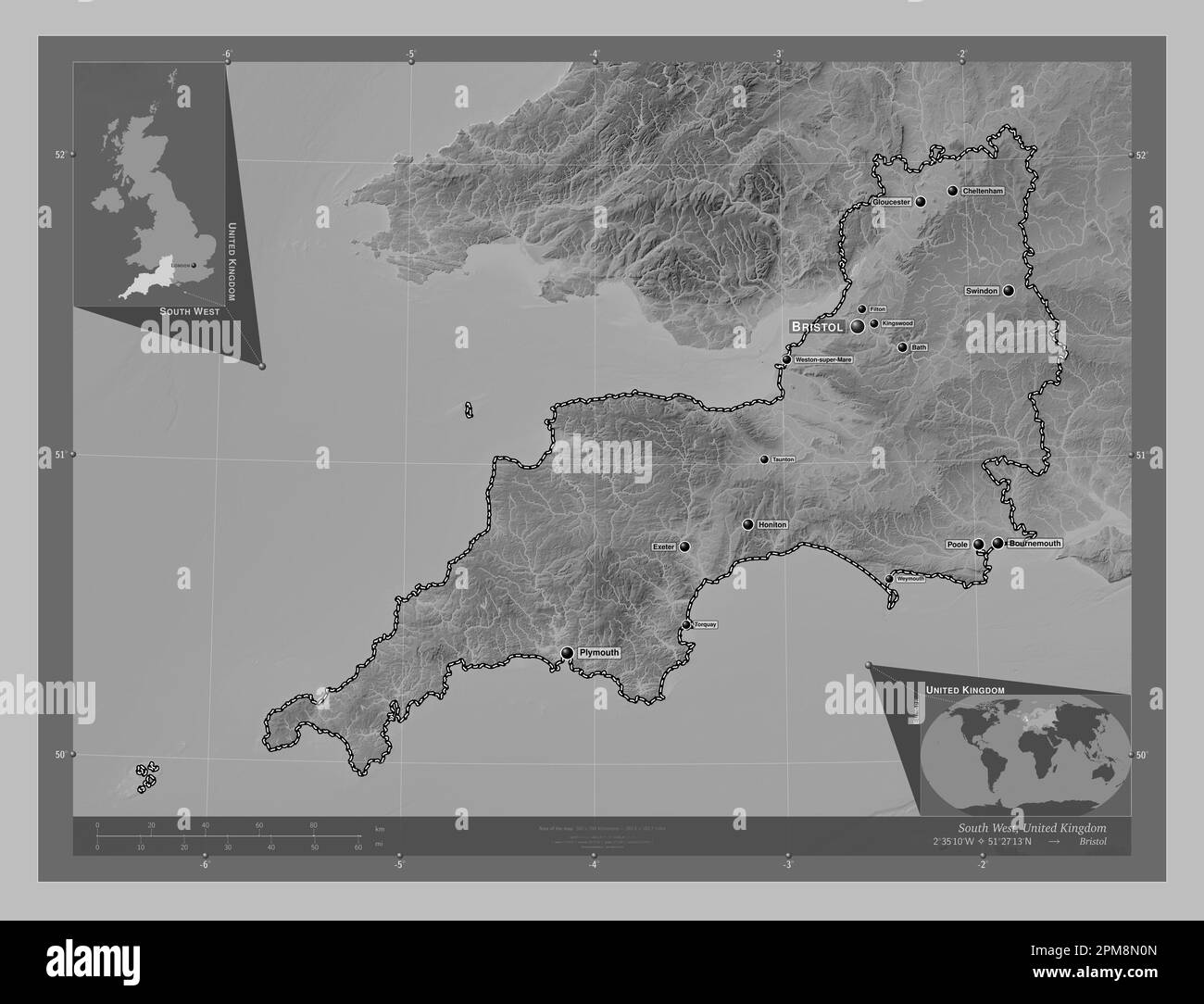 South West, region of United Kingdom. Grayscale elevation map with ...