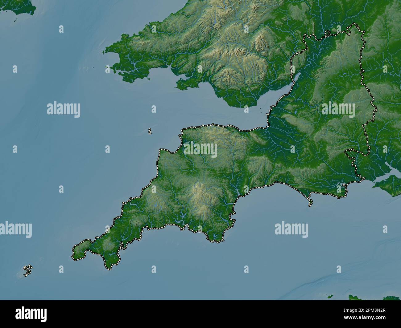 South West, region of United Kingdom. Colored elevation map with lakes ...